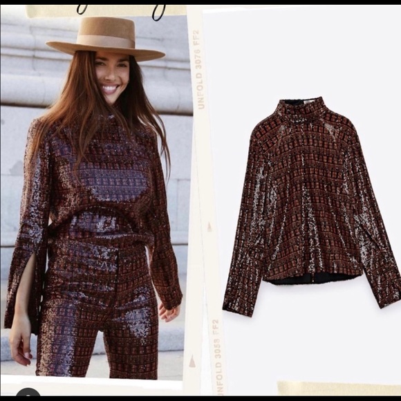 Zara | Tops | Zara High Collar Sequin Top | Poshmark